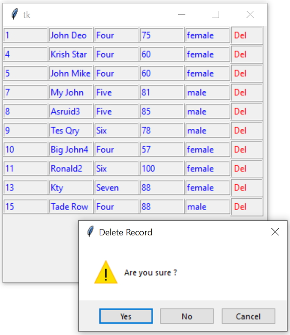 Delete User Selected Record Of MySQL Table In Tkinter GUI Window